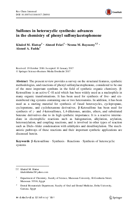 (PDF) Sulfones in heterocyclic synthesis: advances in the chemistry of phenyl sulfonylacetophenone