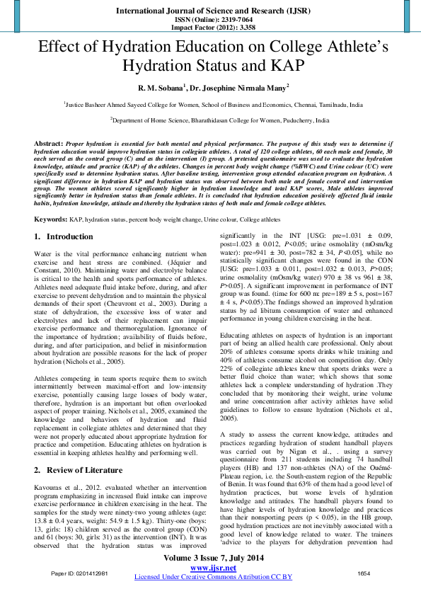 (PDF) Effect of Hydration Education on College Athlete’s Hydration ...