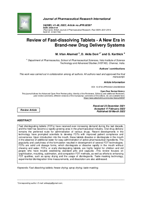 (PDF) Review of Fast-dissolving Tablets - A New Era in Brand-new Drug ...