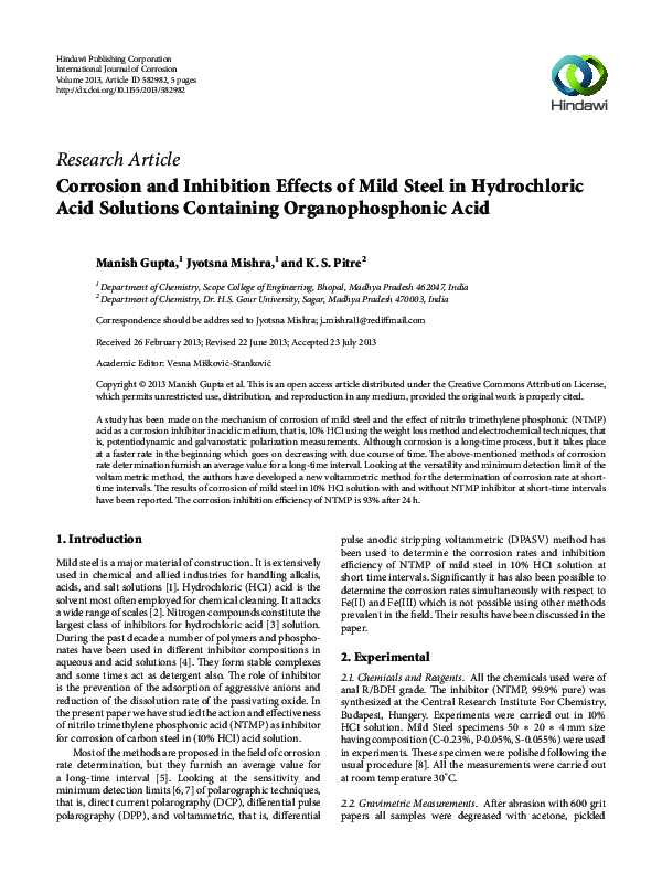 (PDF) Corrosion and Inhibition Effects of Mild Steel in Hydrochloric ...