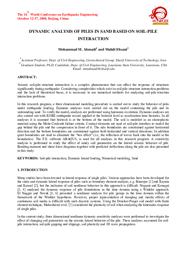 (PDF) China DYNAMIC ANALYSIS OF PILES IN SAND BASED ON SOIL-PILE INTERACTION | Mahdi Ehsani ...