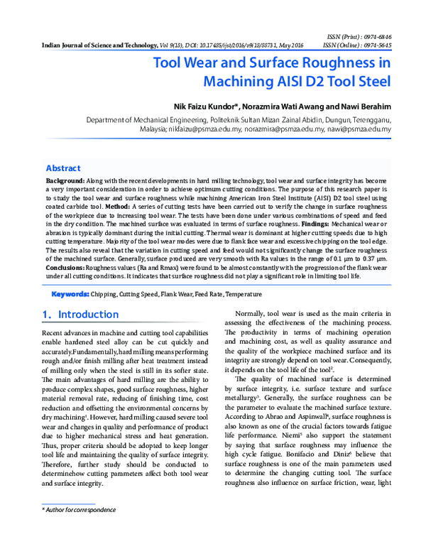 (PDF) Tool Wear and Surface Roughness in Machining AISI D2 Tool Steel