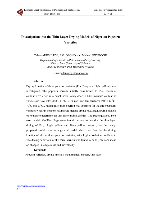 (PDF) Investigation into the Thin Layer Drying Models of Nigerian Popcorn Varieties