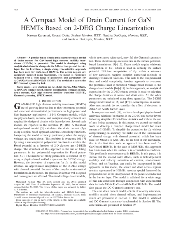 Pdf A Compact Model Of Drain Current For Gan Hemts Based On 2 Deg