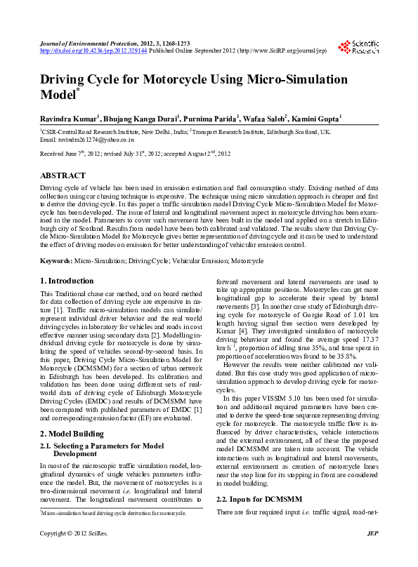 Pdf Driving Cycle For Motorcycle Using Micro Simulation Model