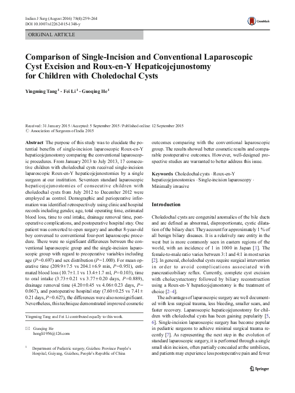 (PDF) Comparison of Single-Incision and Conventional Laparoscopic Cyst Excision and Roux-en-Y ...