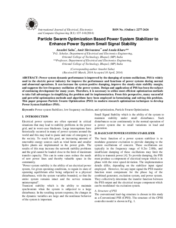(PDF) Particle Swarm Optimization Based Power System Stabilizer to Enhance Power System Small ...