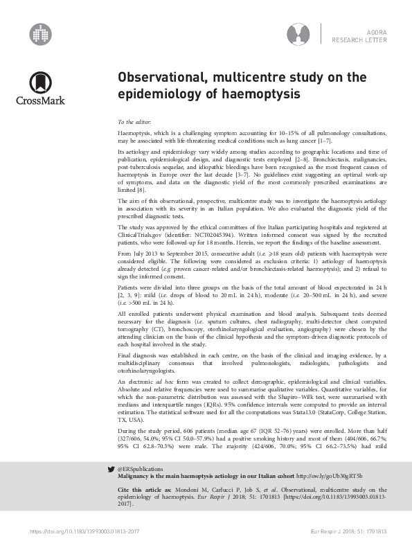 (PDF) Observational, multicentre study on the epidemiology of haemoptysis