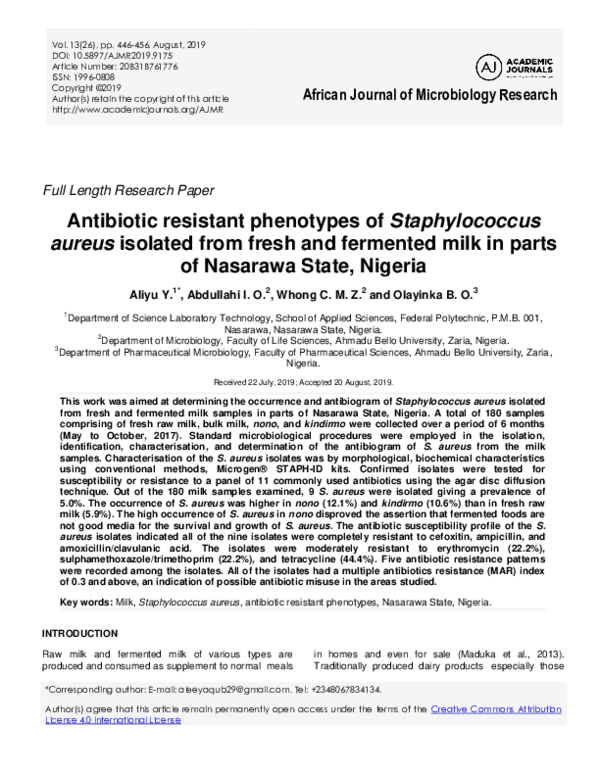 (PDF) Antibiotic resistant phenotypes of Staphylococcus aureus isolated from fresh and fermented ...
