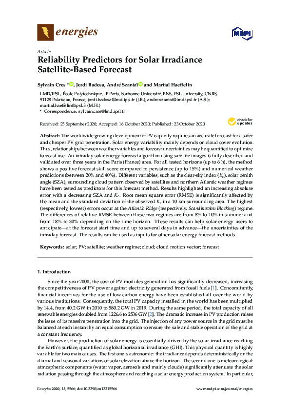(PDF) Reliability Predictors for Solar Irradiance Satellite-Based Forecast
