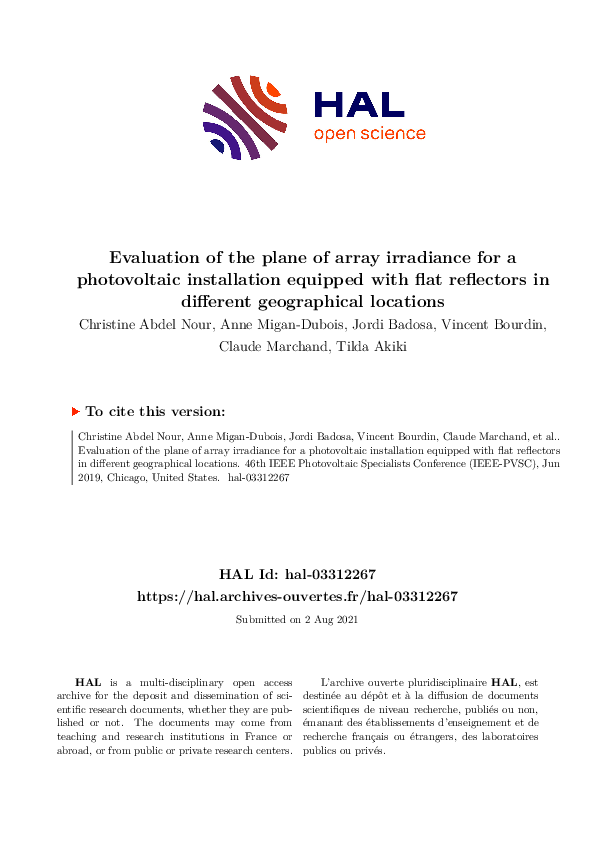 Pdf Evaluation Of The Plane Of Array Irradiance For A Photovoltaic Installation Equipped With