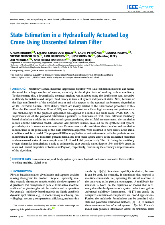 Pdf State Estimation In A Hydraulically Actuated Log Crane Using