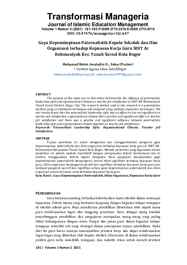 (PDF) Gaya Kepemimpinan Paternalistik Kepala Sekolah dan Ilim ...