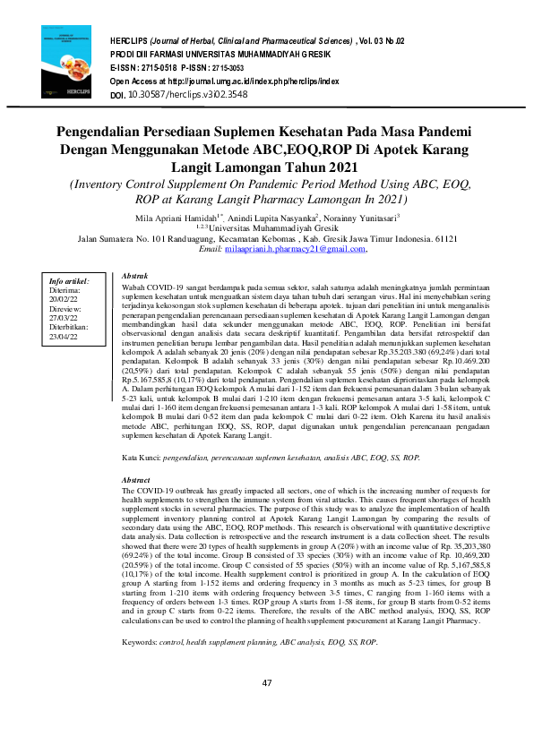 (PDF) Pengendalian Persediaan Suplemen Kesehatan Pada Masa Pandemi ...