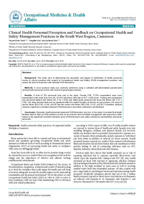 (PDF) Clinical Health Personnel Perception and Feedback on Occupational Health and Safety ...
