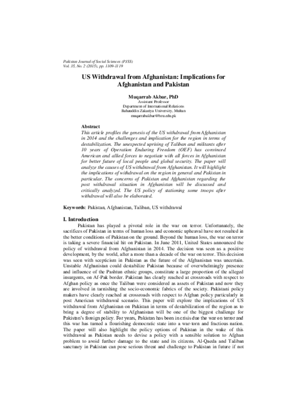(PDF) US Withdrawal from Afghanistan: Implications for Afghanistan and ...