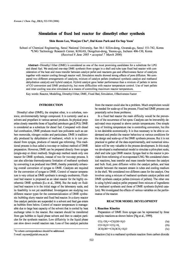 Pdf Simulation Of Fixed Bed Reactor For Dimethyl Ether Synthesis