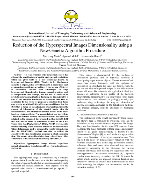 Pdf Reduction Of The Hyperspectral Images Dimensionality Using A Newgenetic Algorithm Procedure