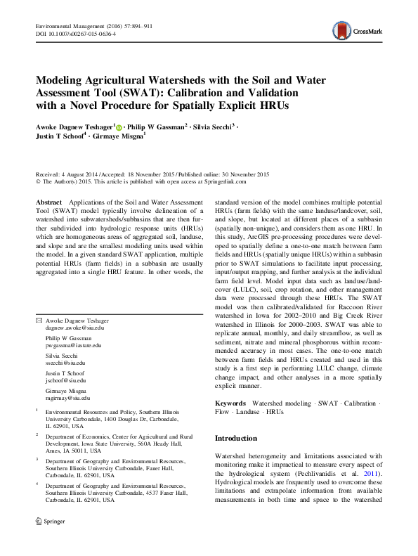 (PDF) Modeling Agricultural Watersheds with the Soil and Water Assessment Tool (SWAT ...