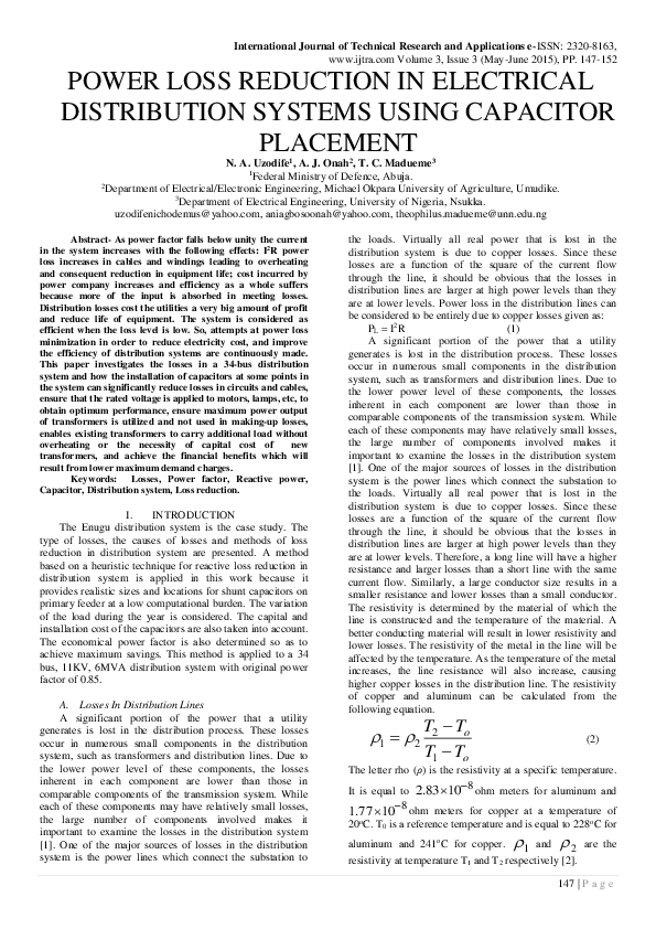 Pdf Power Loss Reduction In Electrical Distribution Systems Using