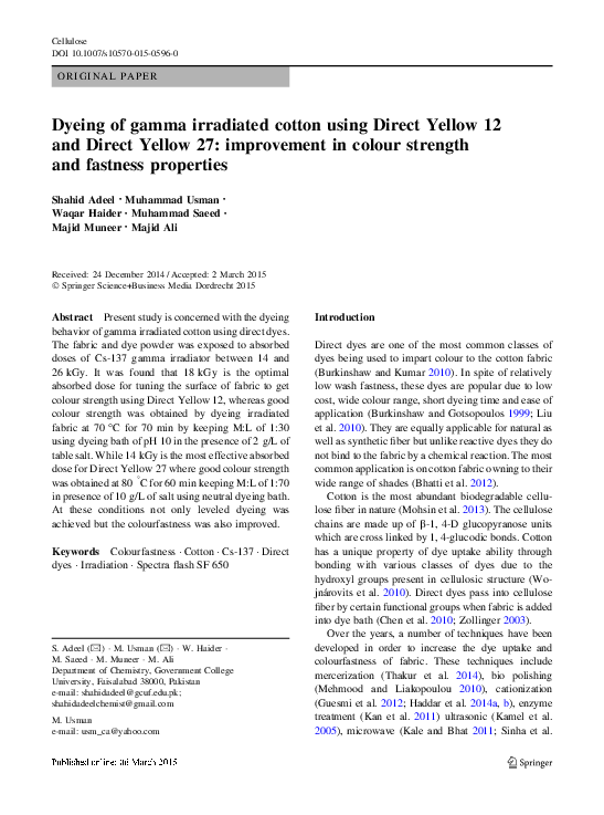 (PDF) Dyeing of gamma irradiated cotton using Direct Yellow 12 and ...