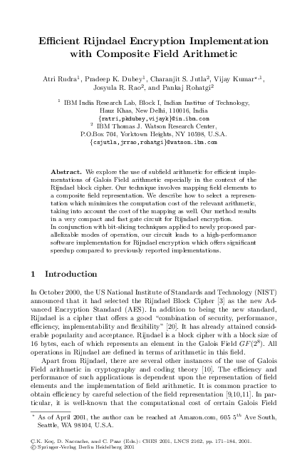 (PDF) Efficient Rijndael Encryption Implementation with Composite Field Arithmetic