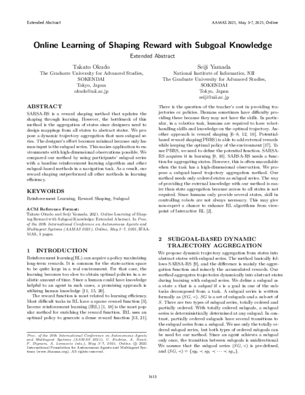 (PDF) Online Learning of Shaping Reward with Subgoal Knowledge | Takato Okudo - Academia.edu