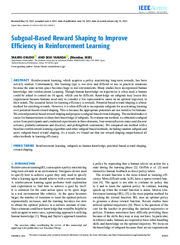 Pdf Subgoal Based Reward Shaping To Improve Efficiency In Reinforcement Learning