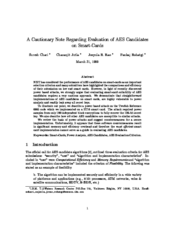 (PDF) A cautionary note regarding evaluation of AES candidates on smart ...
