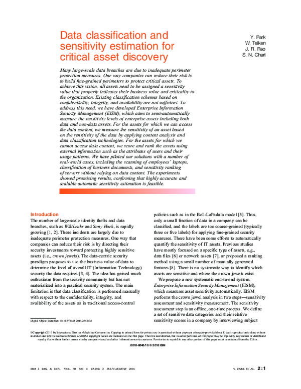 Pdf Data Classification And Sensitivity Estimation For Critical Asset