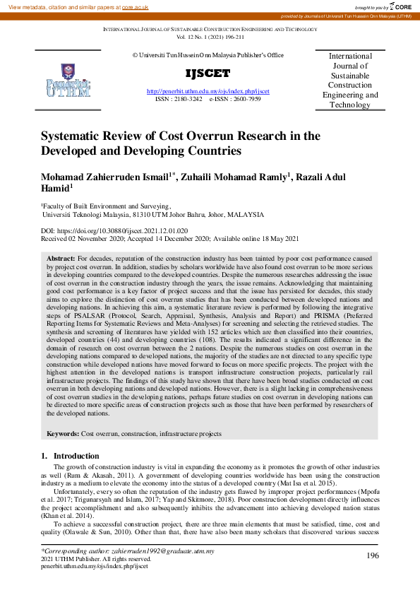 (PDF) Systematic Review of Cost Overrun Research in the Developed and Developing Countries