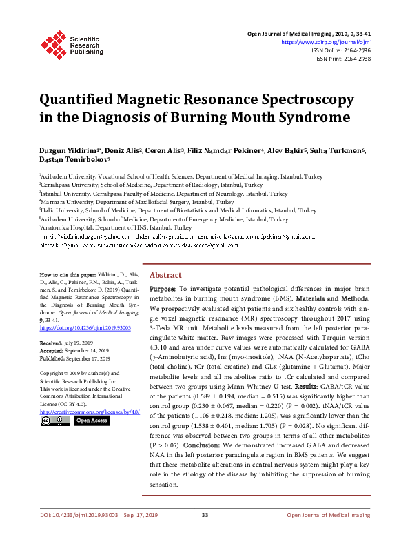 (PDF) Quantified Magnetic Resonance Spectroscopy in the Diagnosis of ...