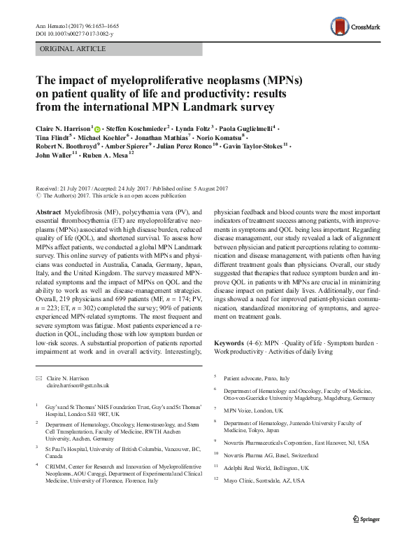 (PDF) The impact of myeloproliferative neoplasms (MPNs) on patient ...