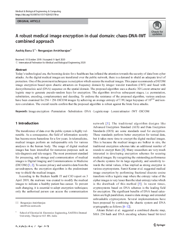 (PDF) A robust medical image encryption in dual domain: chaos-DNA-IWT ...