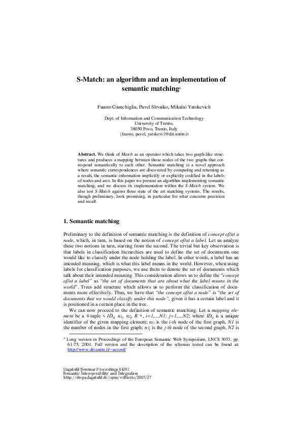 Pdf S Match An Algorithm And An Implementation Of Semantic Matching Pavel Shvaiko