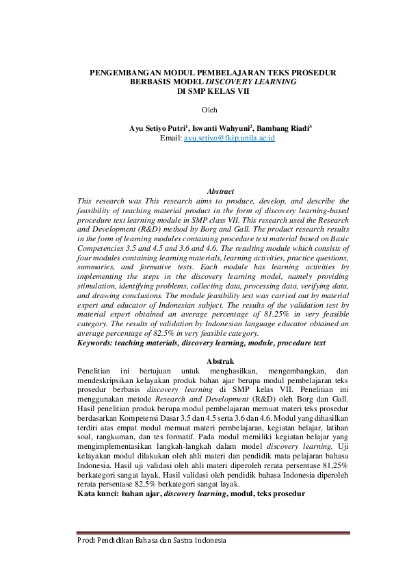 (PDF) Pengembangan Modul Pembelajaran Teks Prosedur Berbasis Model Discovery Learning DI SMP ...