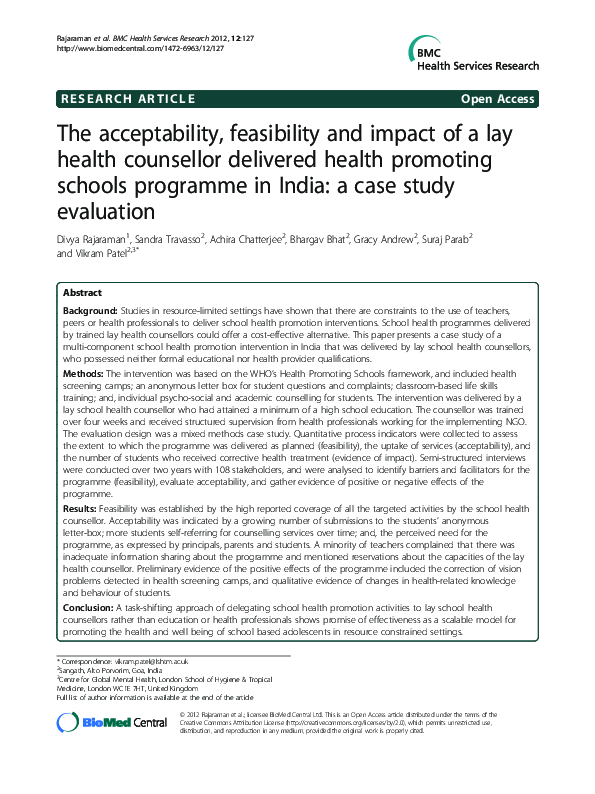 (PDF) The acceptability, feasibility and impact of a lay health counsellor delivered health ...