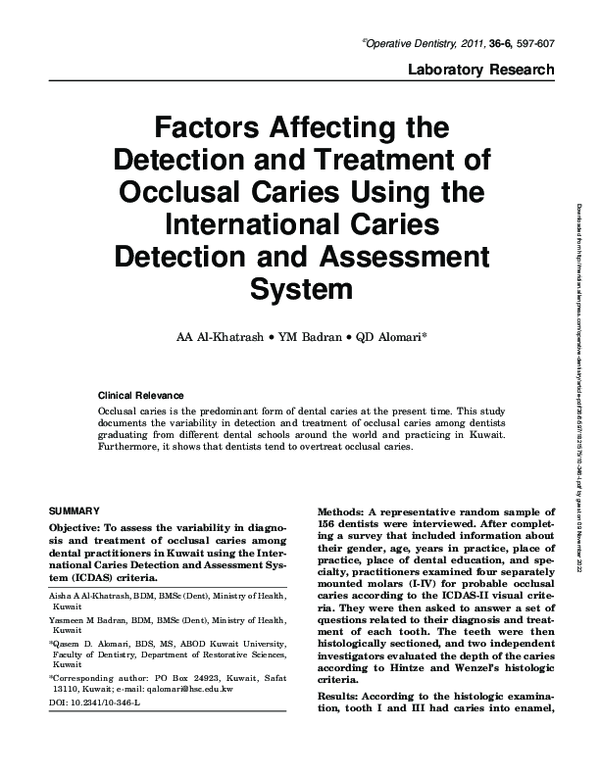 Pdf Factors Affecting The Detection And Treatment Of Occlusal Caries Using The International