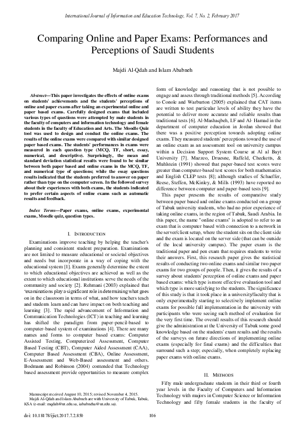 (PDF) Comparing Online and Paper Exams: Performances and Perceptions of Saudi Students