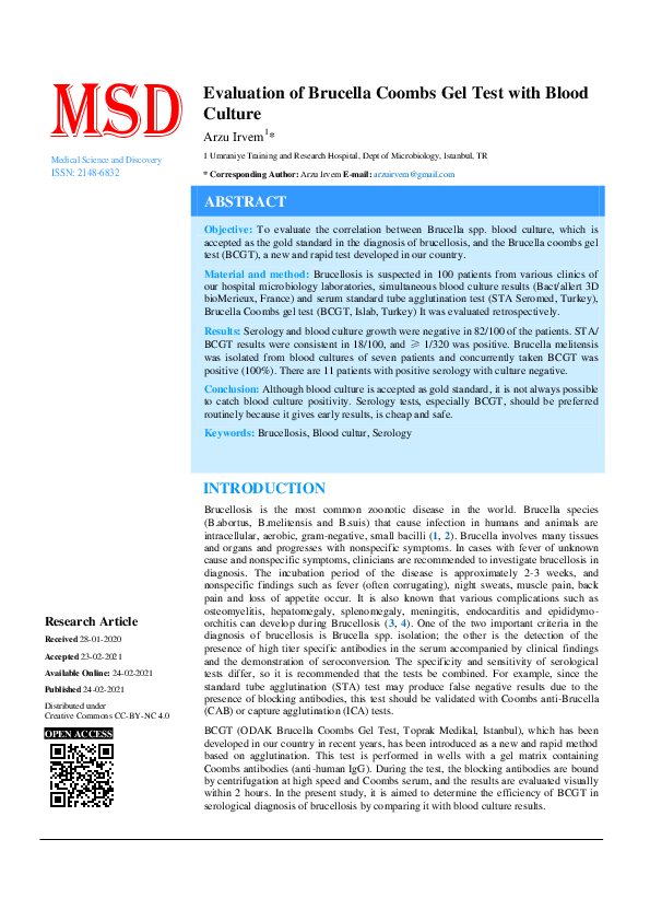 (PDF) Evaluation of Brucella Coombs Gel Test with Blood Culture
