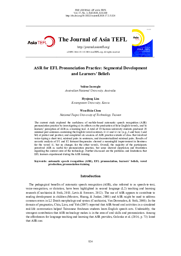 (PDF) ASR for EFL Pronunciation Practice: Segmental Development and ...