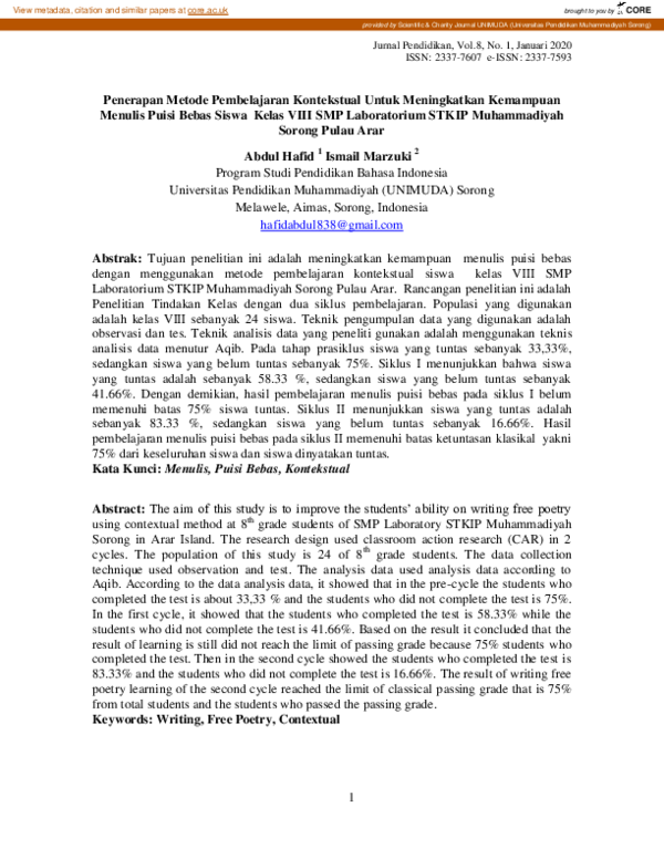 (PDF) Penerapan Metode Pembelajaran Kontekstual Untuk Meningkatkan Kemampuan Menulis Puisi Bebas ...