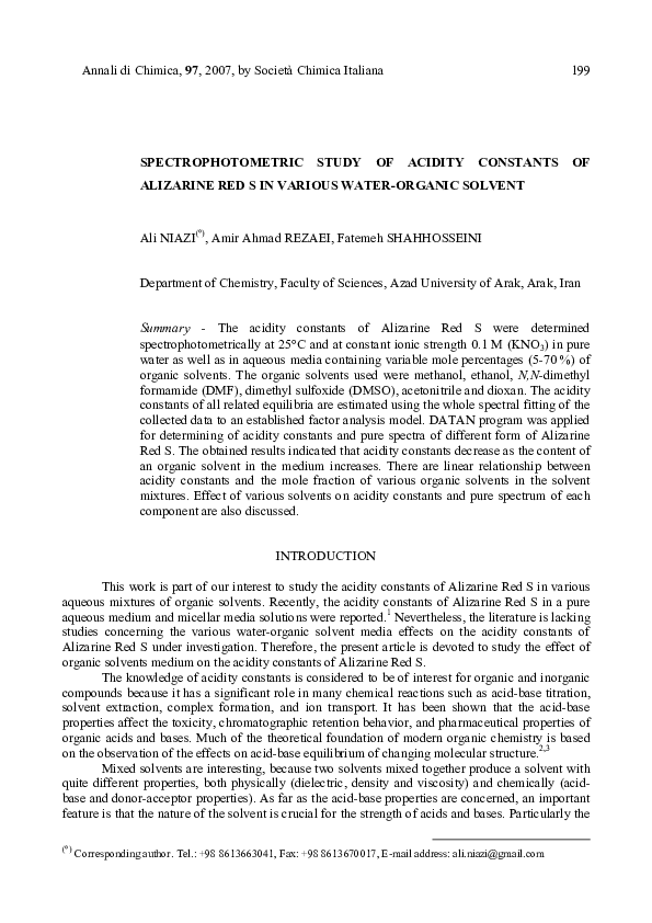(PDF) Spectrophotometric Study of Acidity Constants of Alizarine Red S ...