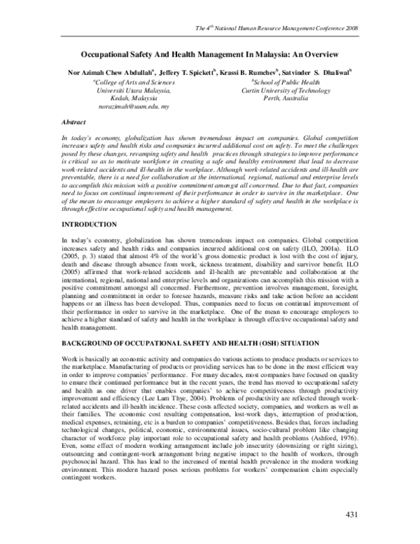 (PDF) Occupational safety and health management in Malaysia: An overview