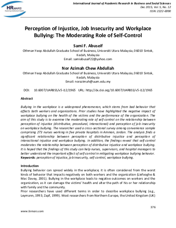(PDF) Perception of Injustice, Job Insecurity and Workplace Bullying ...