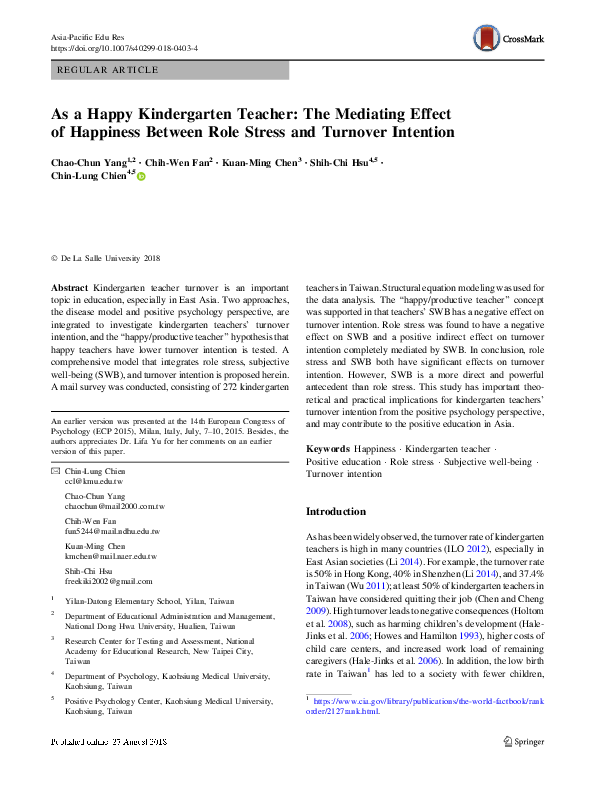 (PDF) As a Happy Kindergarten Teacher: The Mediating Effect of Happiness Between Role Stress and ...