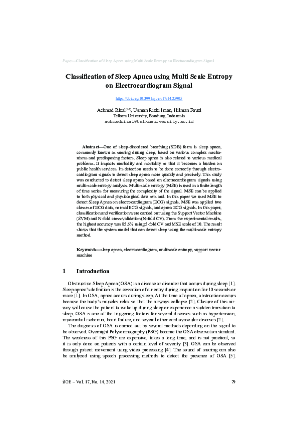 Pdf Classification Of Sleep Apnea Using Multi Scale Entropy On Electrocardiogram Signal