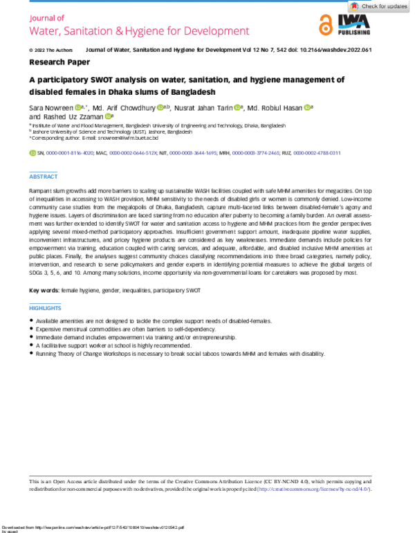 (PDF) A participatory SWOT analysis on water, sanitation, and hygiene ...