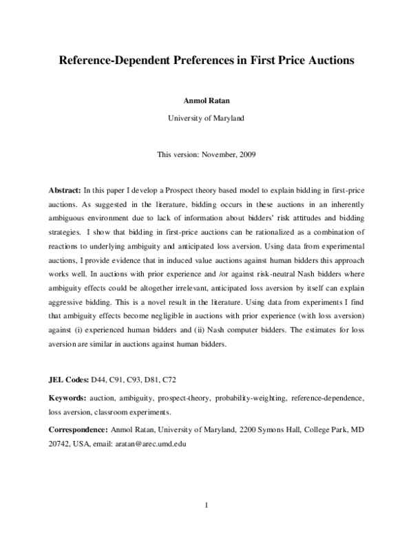 (PDF) 1 Reference-Dependent Preferences in First Price Auctions