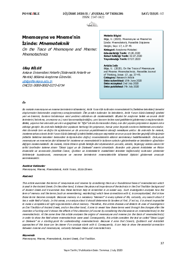 (PDF) MNEMOSYNE VE MNEME’NIN İZINDE: MNEMOTEKNIK / On the Trace of ...
